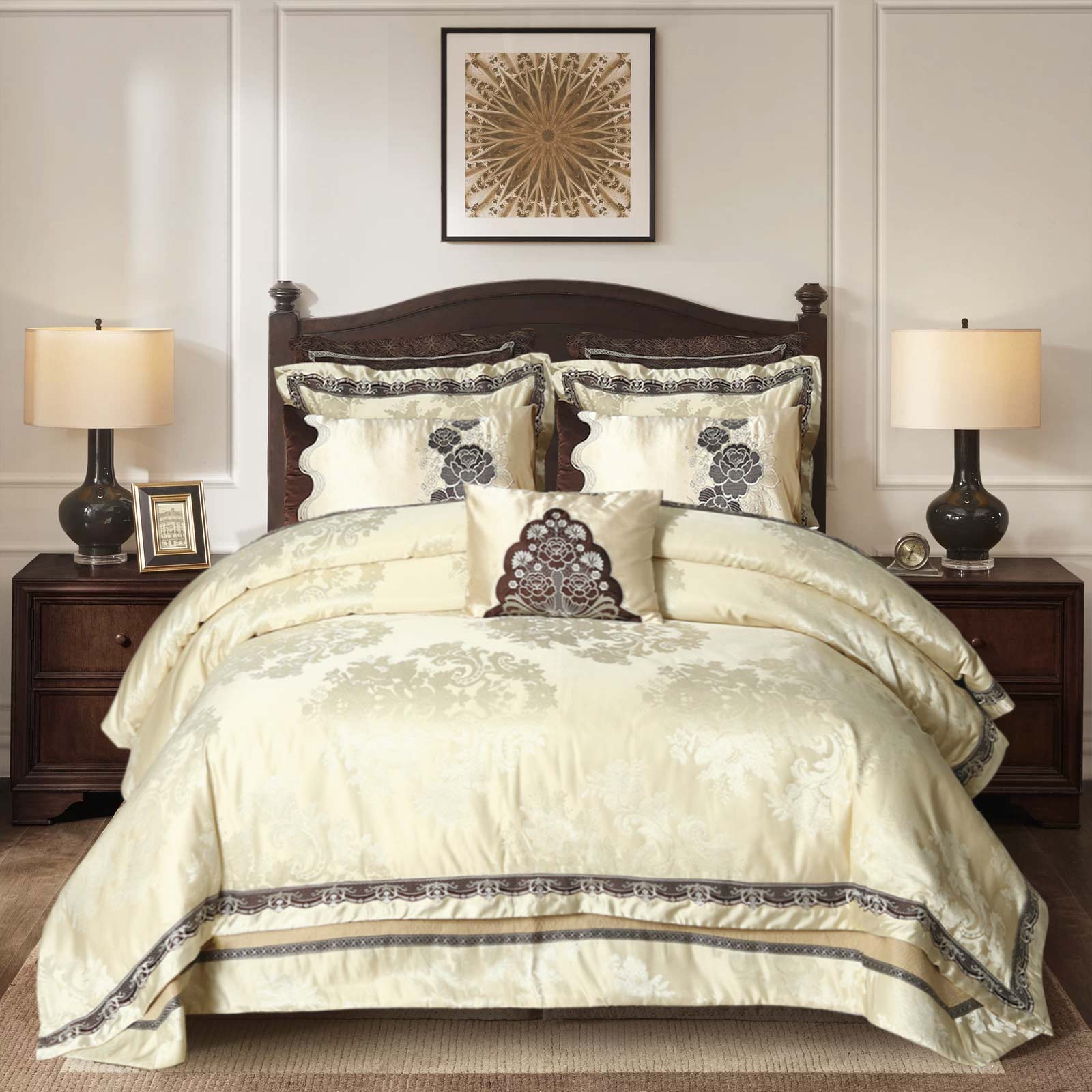 Bridal Bedding Set 9 Pcs Hazel Wood Cotton Jacquard Yarn Dyed