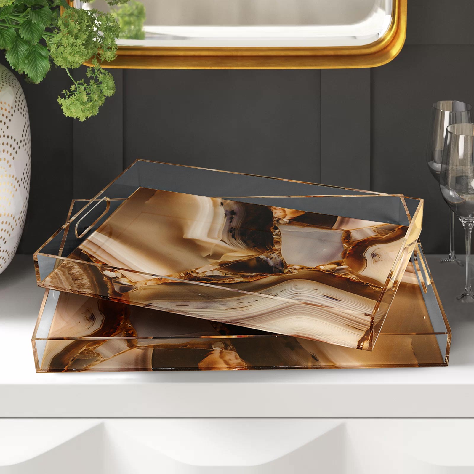 Pair of Elegant Pattern Modern Acrylic Serving Tray